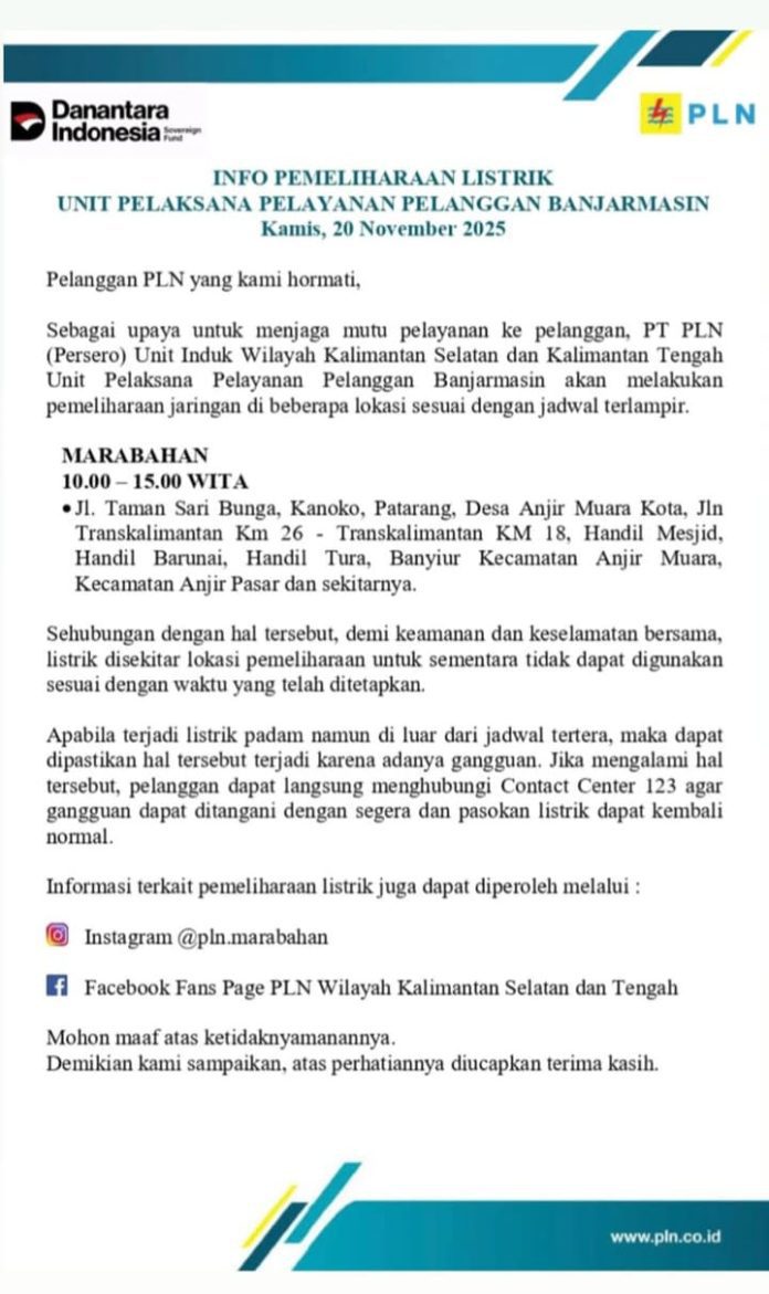 Hari ini Listrik di Barito Kuala Bakal Mati 5 Jam, Cek Wilayah ...