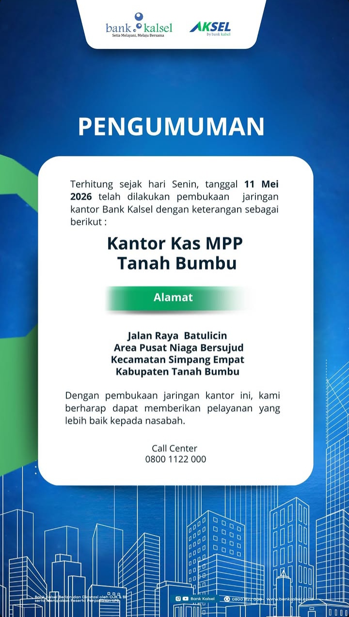 Bank Kalsel Umumkan Kantor Kas Baru Akan Resmi Beroperasi di MPP Tanah ...